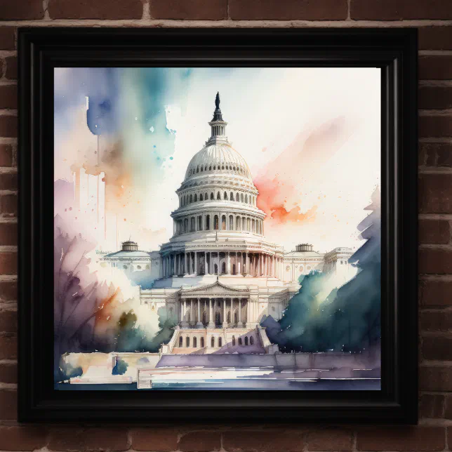 Watercolor Painting of Capitol Building Poster | Zazzle