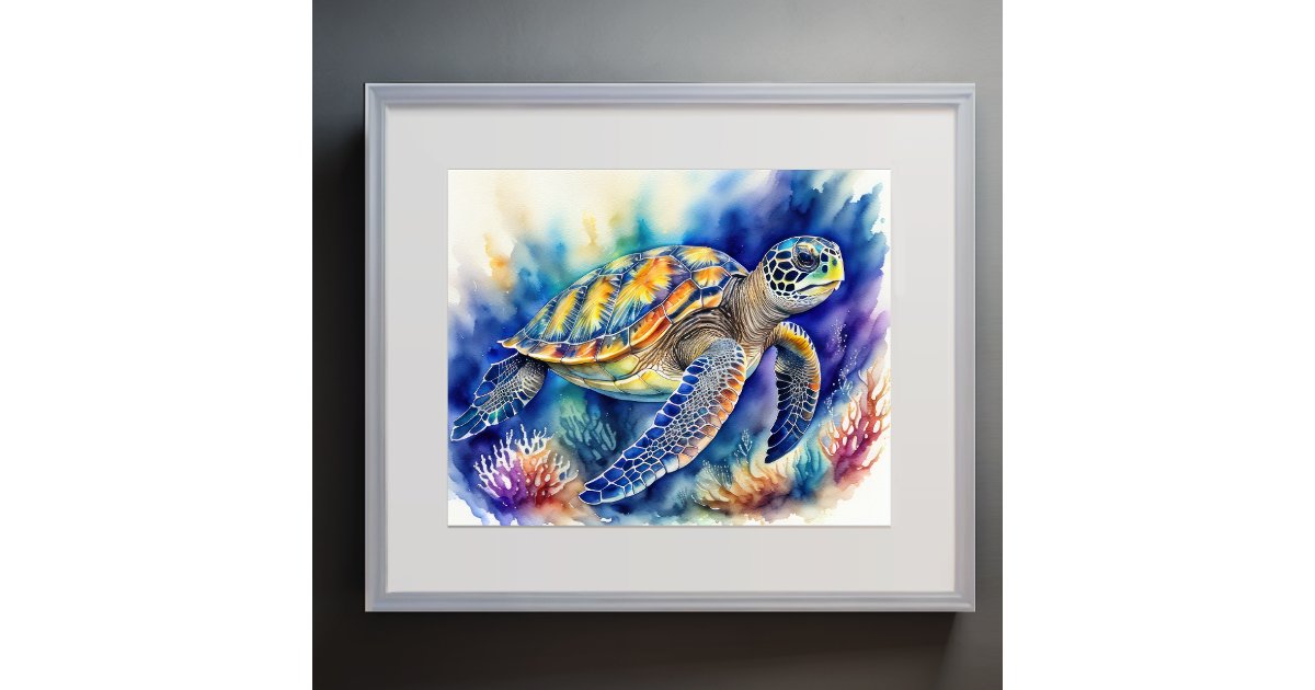 Watercolor Painting of Colorful Sea Turtle X Poster | Zazzle