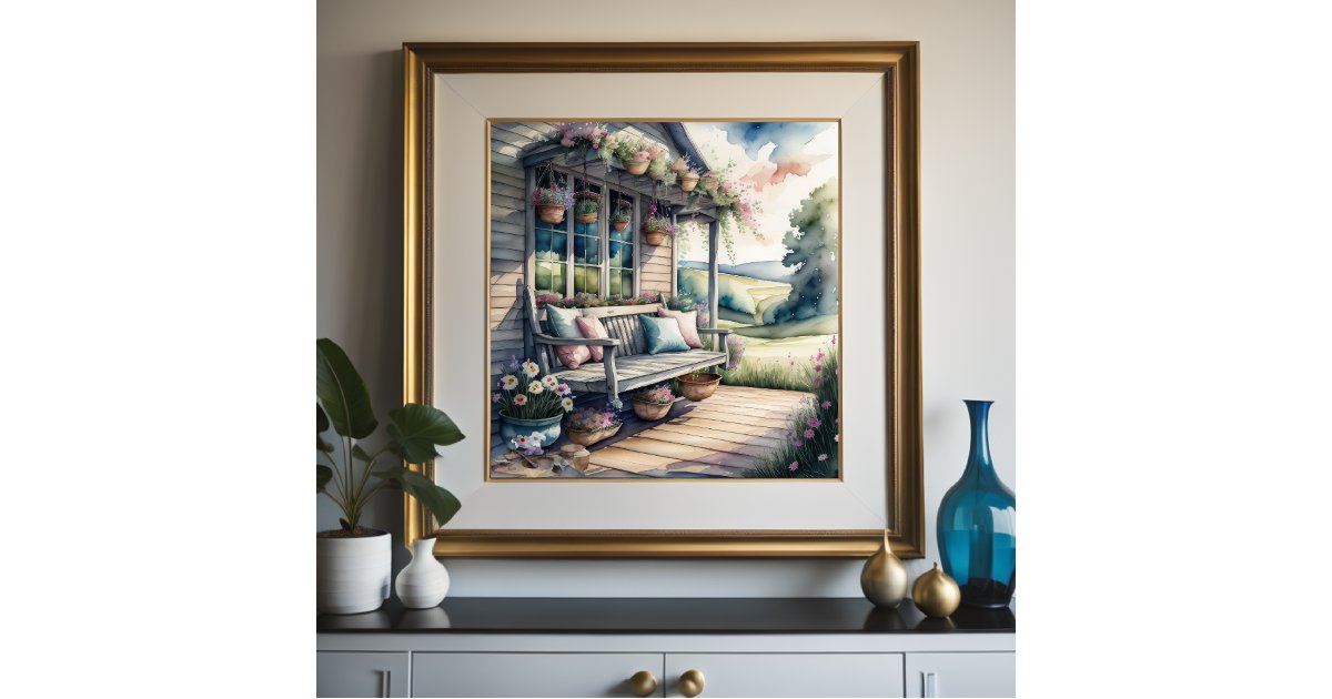 Watercolor Painting of Cozy Country Porch Poster | Zazzle