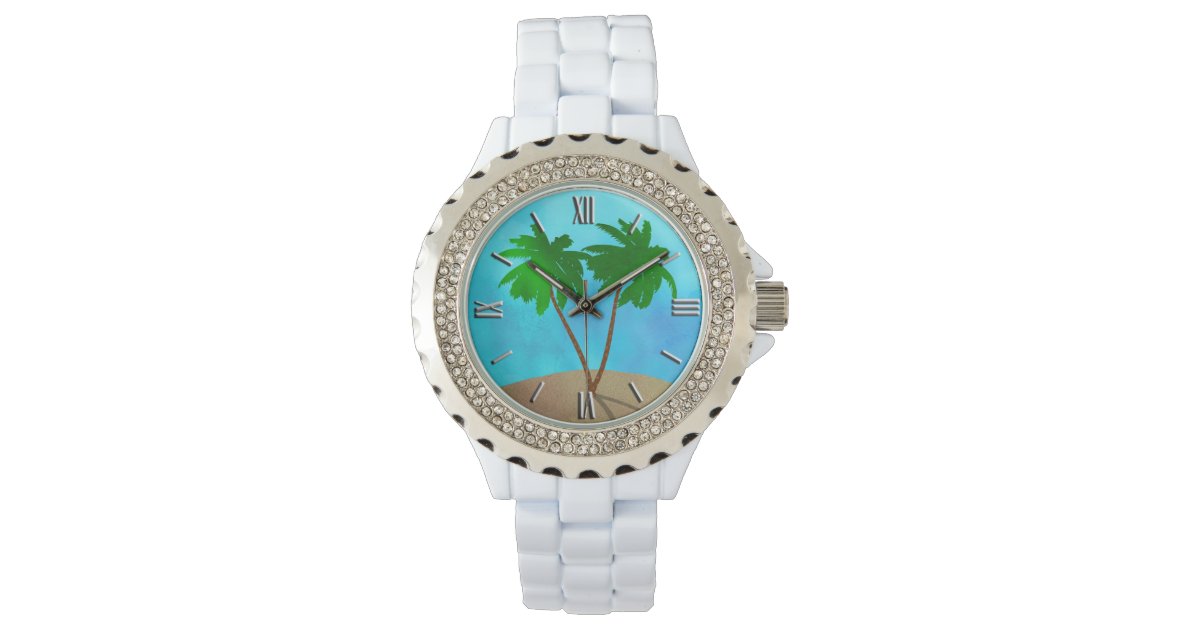 Watercolor Palm Tree Beach Scene Collage Watch | Zazzle