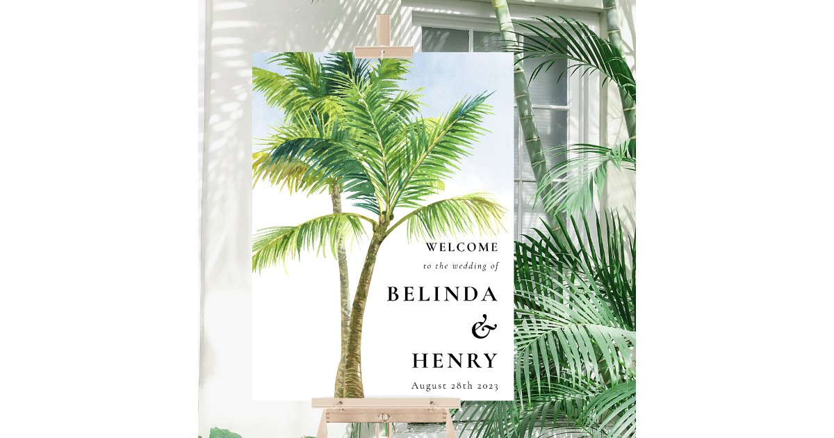 Watercolor Palm Tree Beach Wedding Welcome Sign | Zazzle