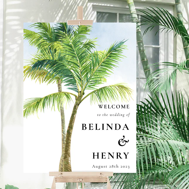 Watercolor Palm Tree Beach Wedding Welcome Sign | Zazzle