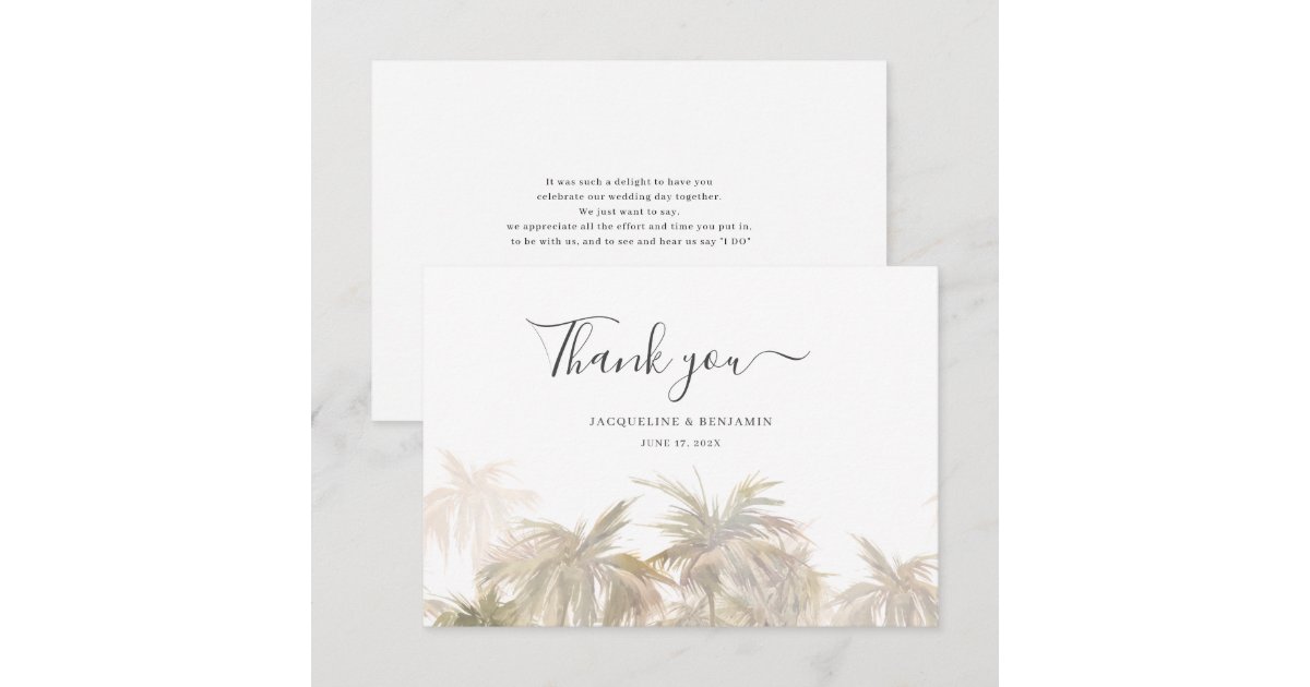 Watercolor Palm Tree Script Wedding Thank You Card | Zazzle