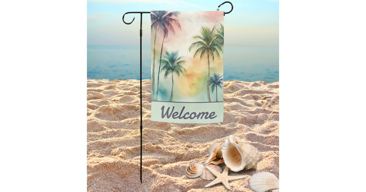 Watercolor Palm Tree Welcome Garden Flag | Zazzle
