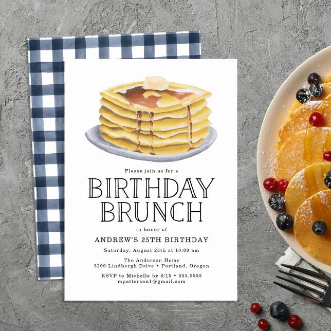 Watercolor Pancake Brunch Birthday Party Invitation | Zazzle