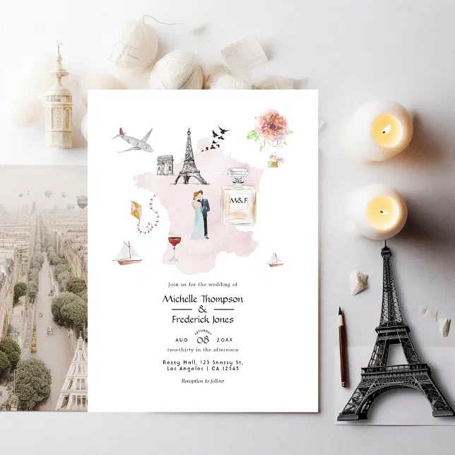 Watercolor Paris Destination Wedding Monogram Invitation | Zazzle