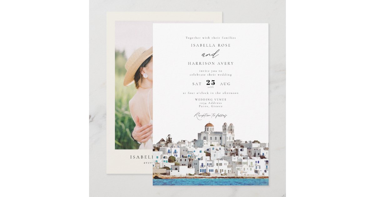 Watercolor Paros Greece Skyline Travel Wedding Invitation | Zazzle