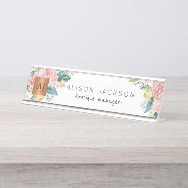 Watercolor pastel floral gold copper monogrammed desk name plate | Zazzle