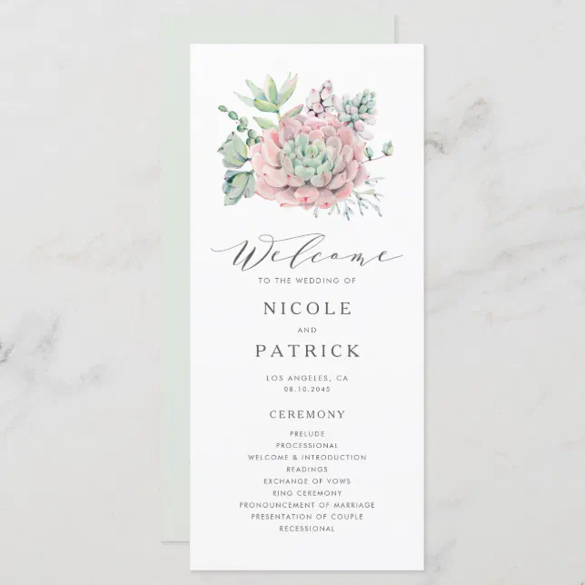 Watercolor Pastel Succulents Bouquet Wedding Program | Zazzle