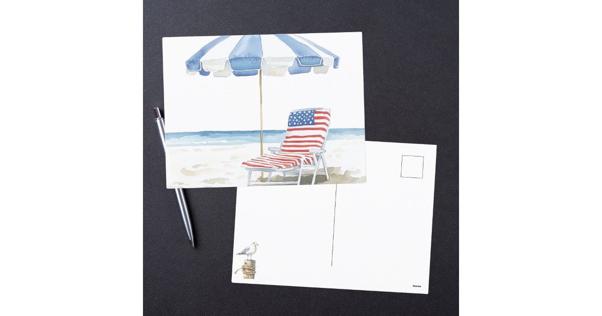 Watercolor Patriotic Red White & Blue Beach Scene Holiday Postcard | Zazzle