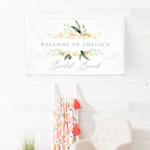 Watercolor peach and green floral bridal brunch banner | Zazzle