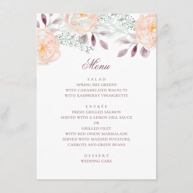 Watercolor peach flower. Botanical wedding. Floral Menu | Zazzle