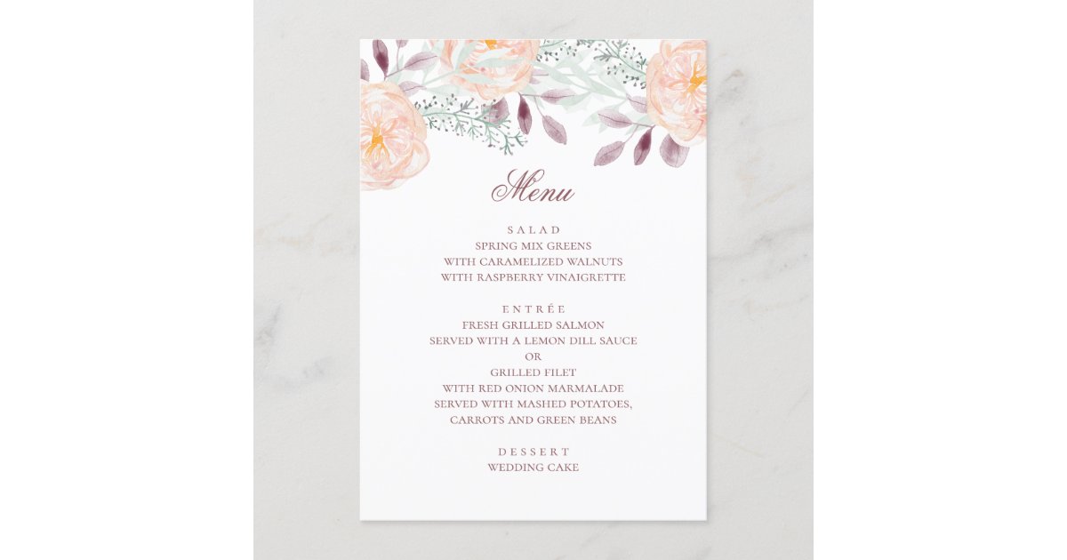 Watercolor peach flower. Botanical wedding. Floral Menu | Zazzle