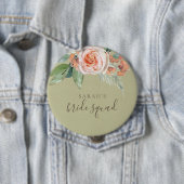 WATERCOLOR PEACH FLOWER GREEN FOLIAGE BRIDE SQUAD BUTTON | Zazzle