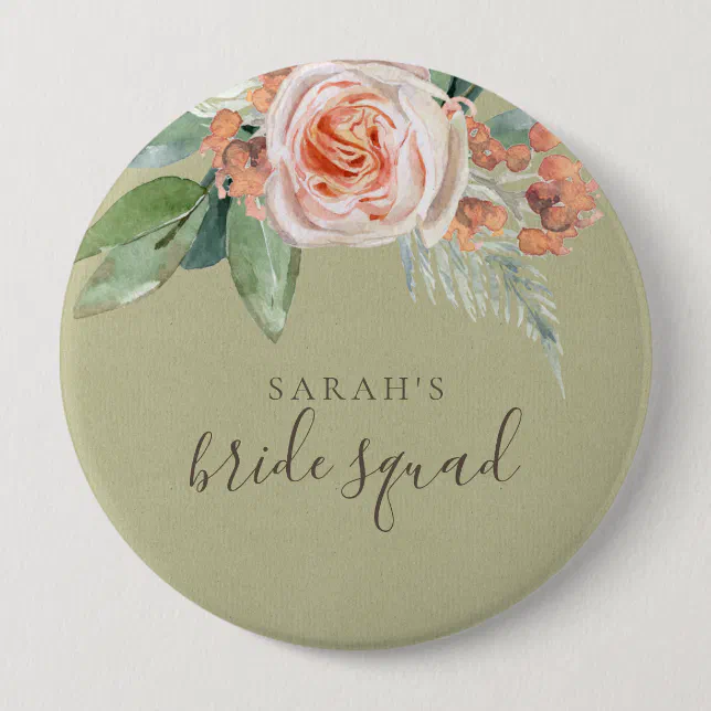 WATERCOLOR PEACH FLOWER GREEN FOLIAGE BRIDE SQUAD BUTTON | Zazzle