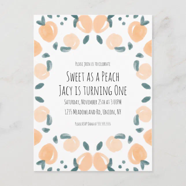 Watercolor Peach Fruit Birthday Party Border Art I Postcard | Zazzle