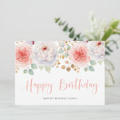 Watercolor Peach Peonies and Gold Leaves Birthday | Zazzle