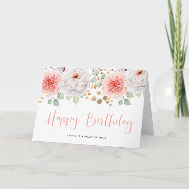Watercolor Peach Peonies and Gold Leaves Birthday Card | Zazzle