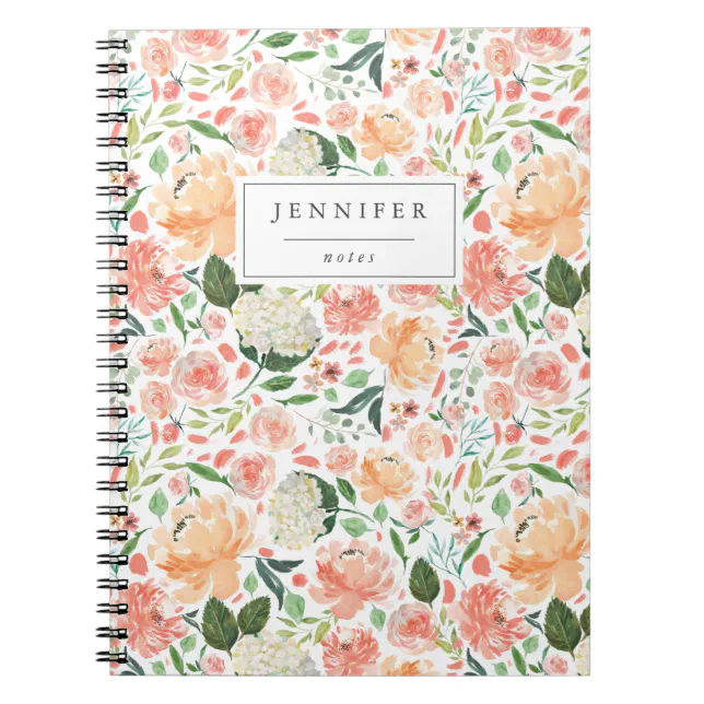 Watercolor Peach & White Floral Pattern Notebook | Zazzle