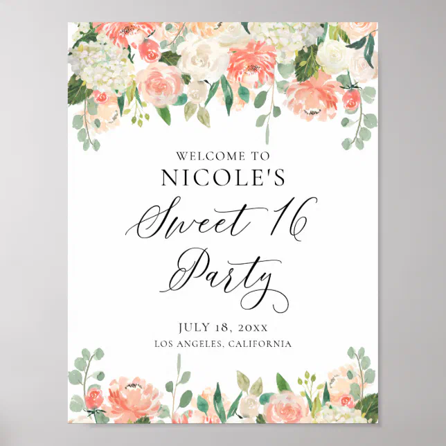 Watercolor Peaches and Cream Floral Sweet Sixteen Poster | Zazzle