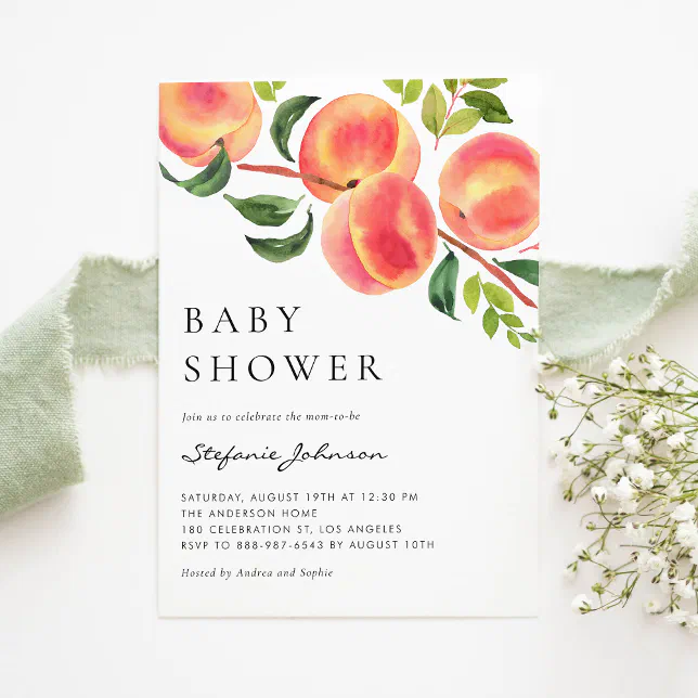 Watercolor Peaches Summer Baby Shower Invitation | Zazzle