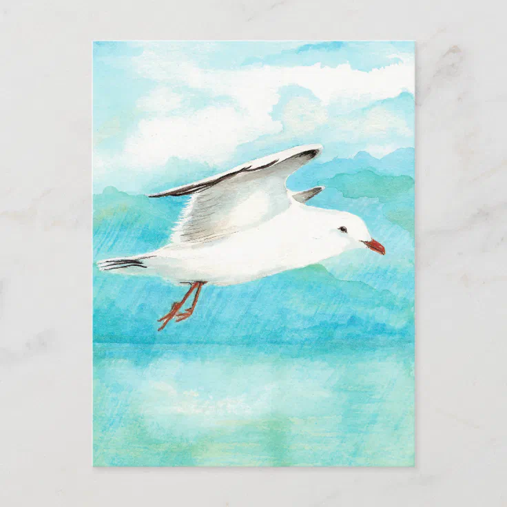Watercolor Peacock Blue Seagull in the Rain Bird Postcard | Zazzle