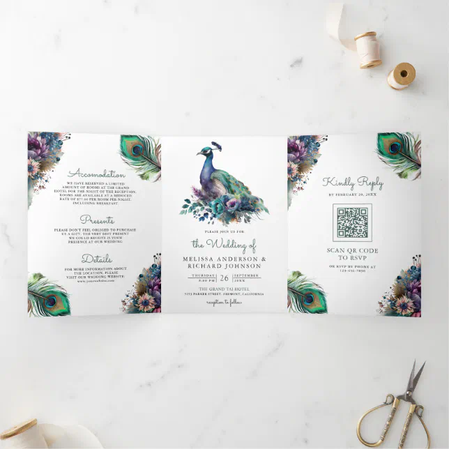 Watercolor Peacock Floral Feather QR Code Wedding Tri-Fold Invitation ...