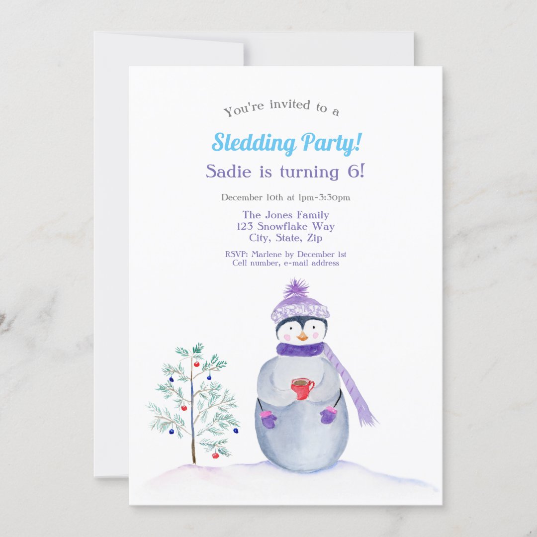 Watercolor Penguin Sledding Party Invitation | Zazzle