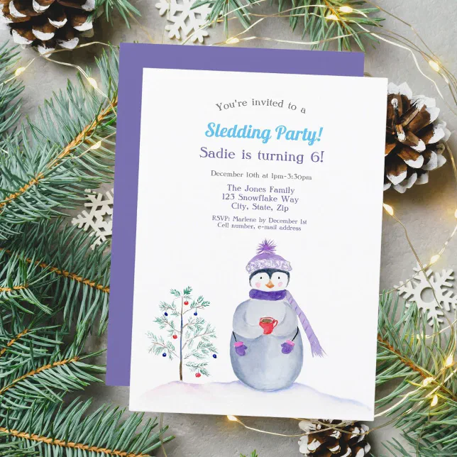 Watercolor Penguin Sledding Party Invitation | Zazzle