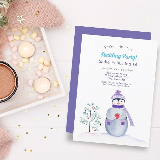 Watercolor Penguin Sledding Party Invitation | Zazzle