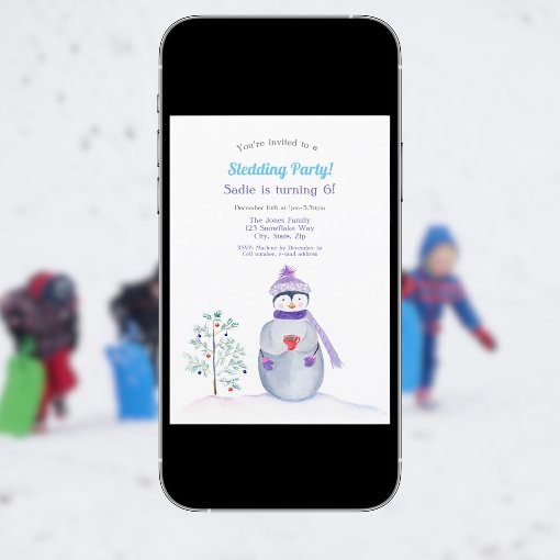 Watercolor Penguin Sledding Party Invitation | Zazzle