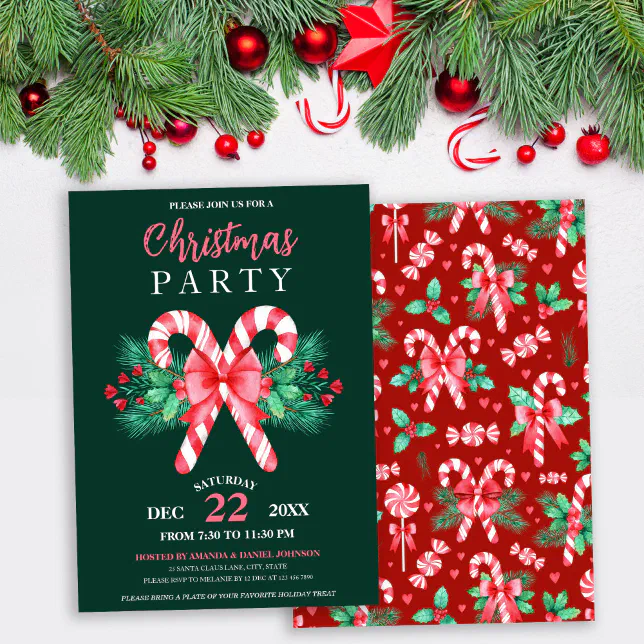 Watercolor Peppermint Candy Cane Christmas Party Invitation | Zazzle