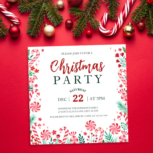 Watercolor Peppermint Candy Canes Christmas Party Invitation | Zazzle