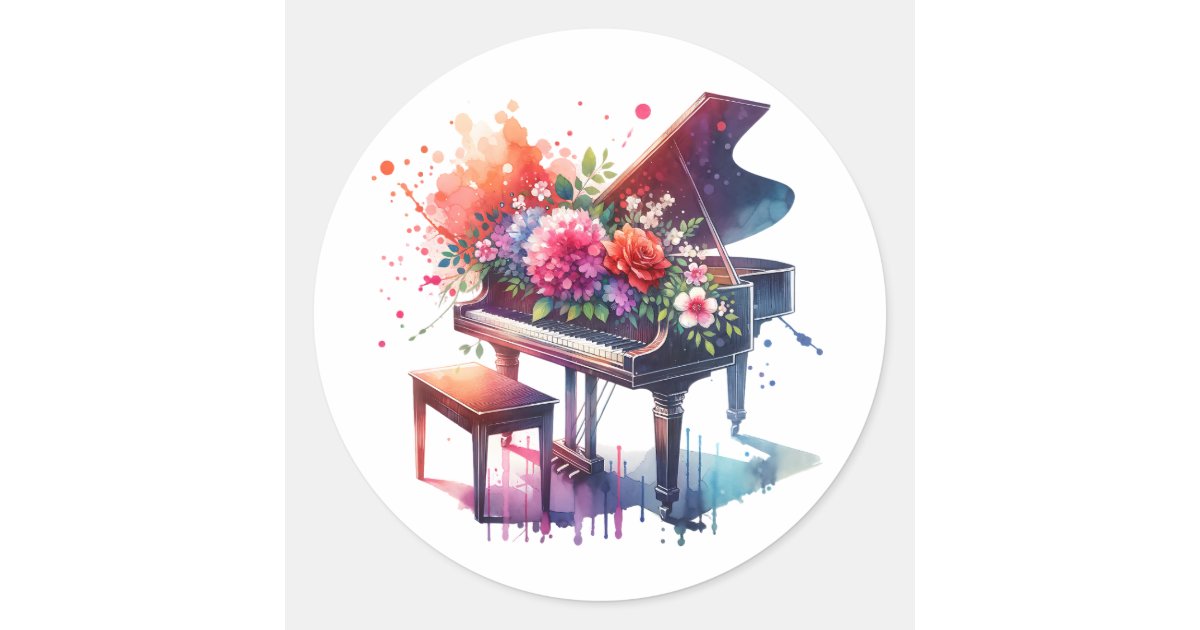 Watercolor Piano and Flowers Classic Round Sticker | Zazzle