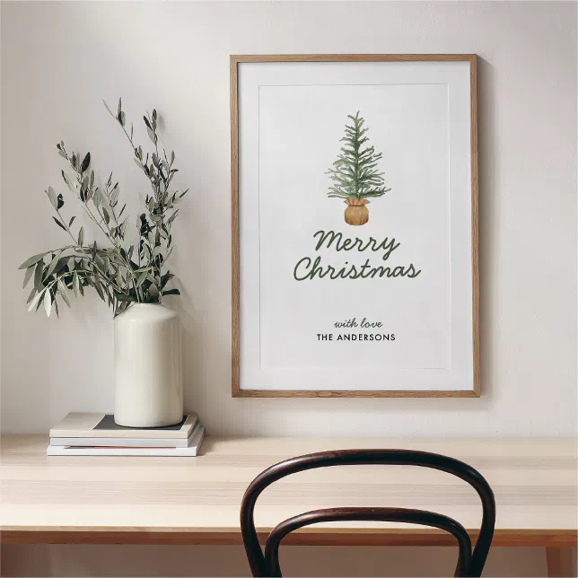 Watercolor Pine Christmas Tree Simple Holiday Poster | Zazzle