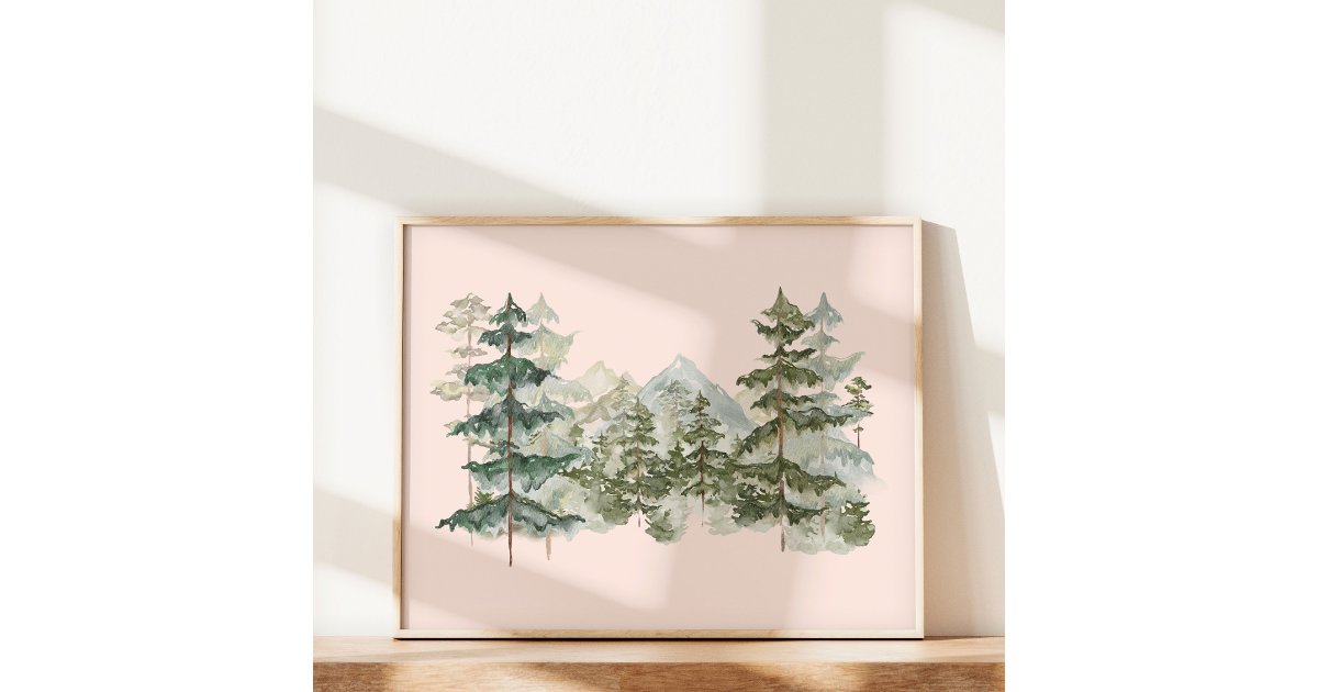 Watercolor Pine Forest and mountain Aesthetic Poster | Zazzle