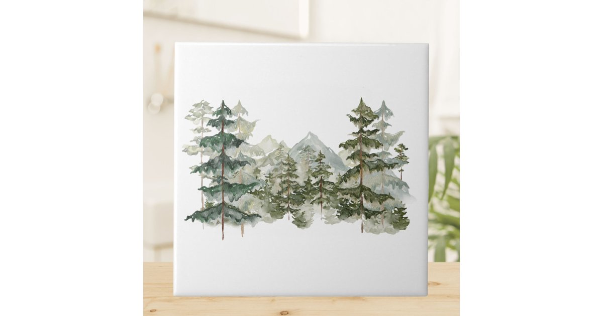 Watercolor Pine Forest and mountain Rustic Ceramic Tile | Zazzle