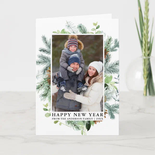 Watercolor Pine Greenery Photo Happy New Year Holiday Card | Zazzle