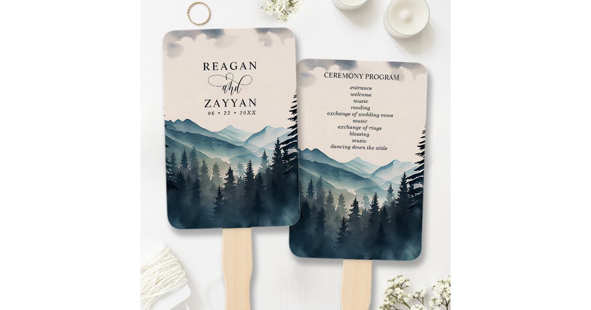 Watercolor Pine Tree Mountain Wedding Program Hand Fan | Zazzle