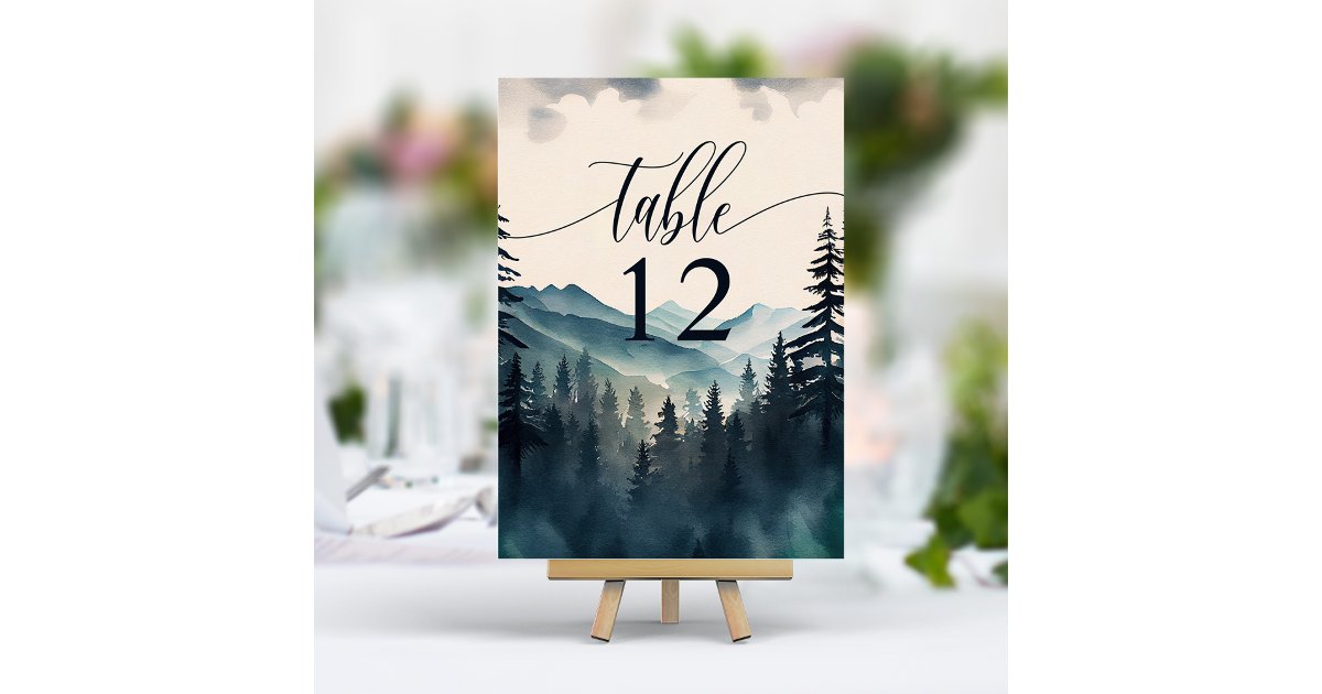 Watercolor Pine Tree Mountain Wedding Table Number | Zazzle