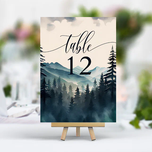 Watercolor Pine Tree Mountain Wedding Table Number | Zazzle