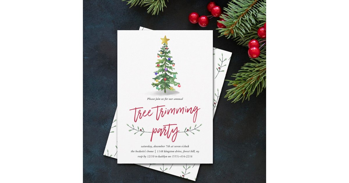 Watercolor Pine Tree Trimming Holiday Party Invitation | Zazzle