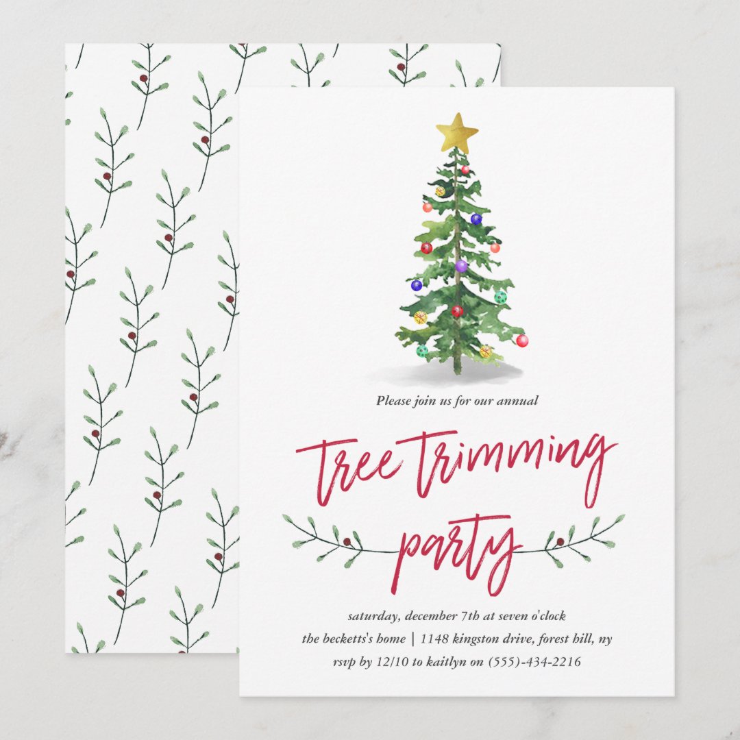 Watercolor Pine Tree Trimming Holiday Party Invitation | Zazzle
