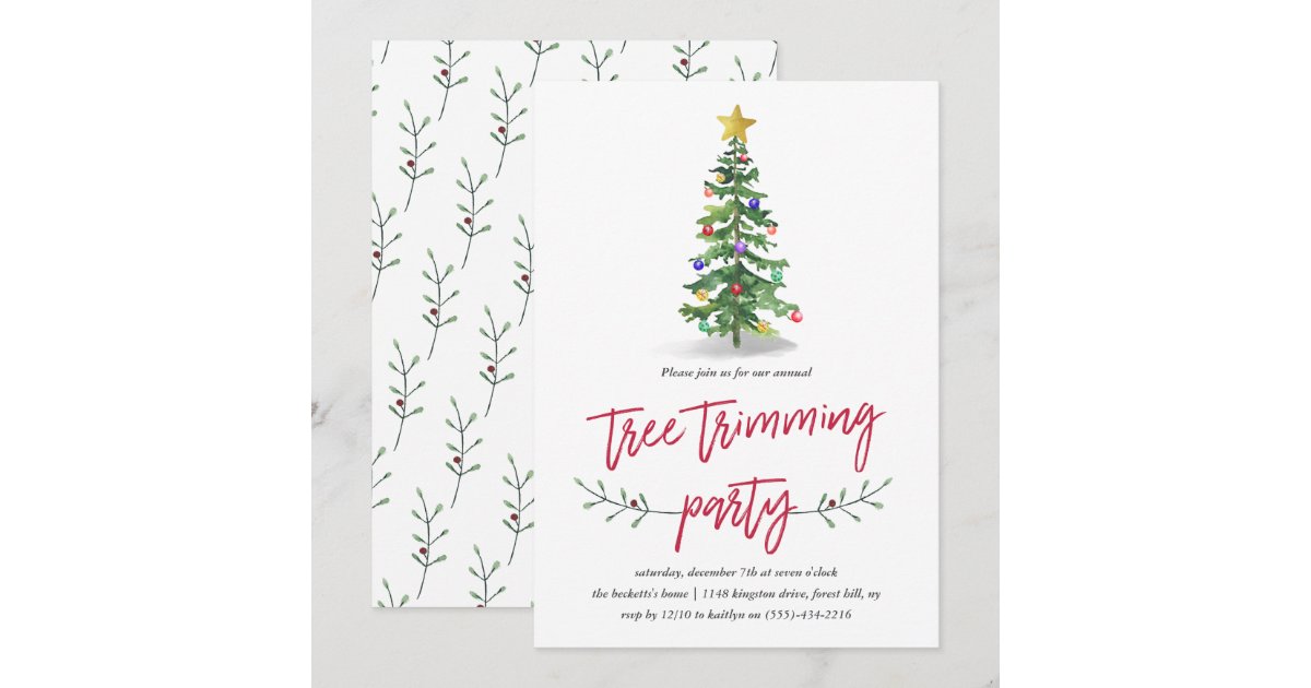 Watercolor Pine Tree Trimming Holiday Party Invitation | Zazzle