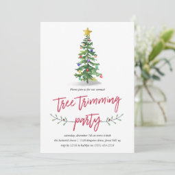 Watercolor Pine Tree Trimming Holiday Party Invitation | Zazzle