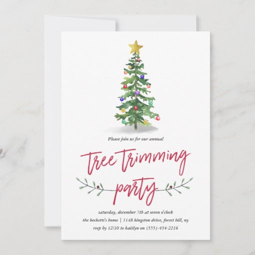 Watercolor Pine Tree Trimming Holiday Party Invitation | Zazzle