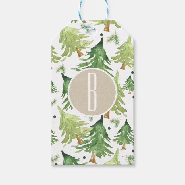 Watercolor Pine Trees Modern Rustic Monogram Kraft Gift Tags | Zazzle
