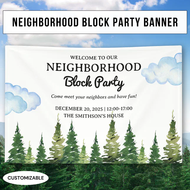 Watercolor Pine Trees Neighborhood Block Party Banner | Zazzle