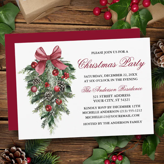 Watercolor Pines Berries Bow Red Christmas Party Invitation | Zazzle