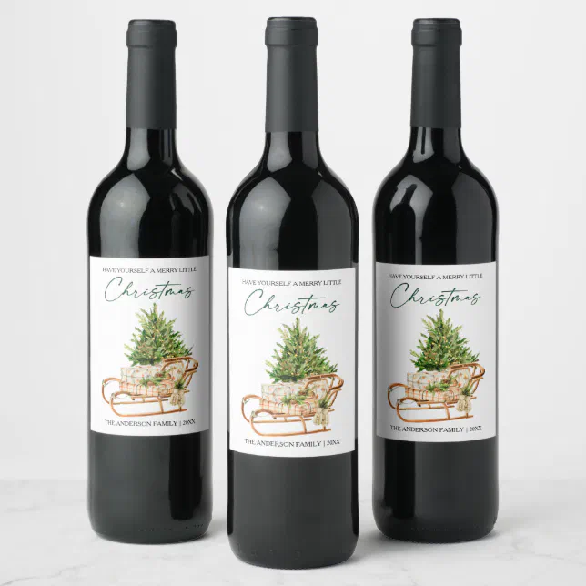 Watercolor Pines Sleigh Calligraphy Ink Holiday Wine Label | Zazzle